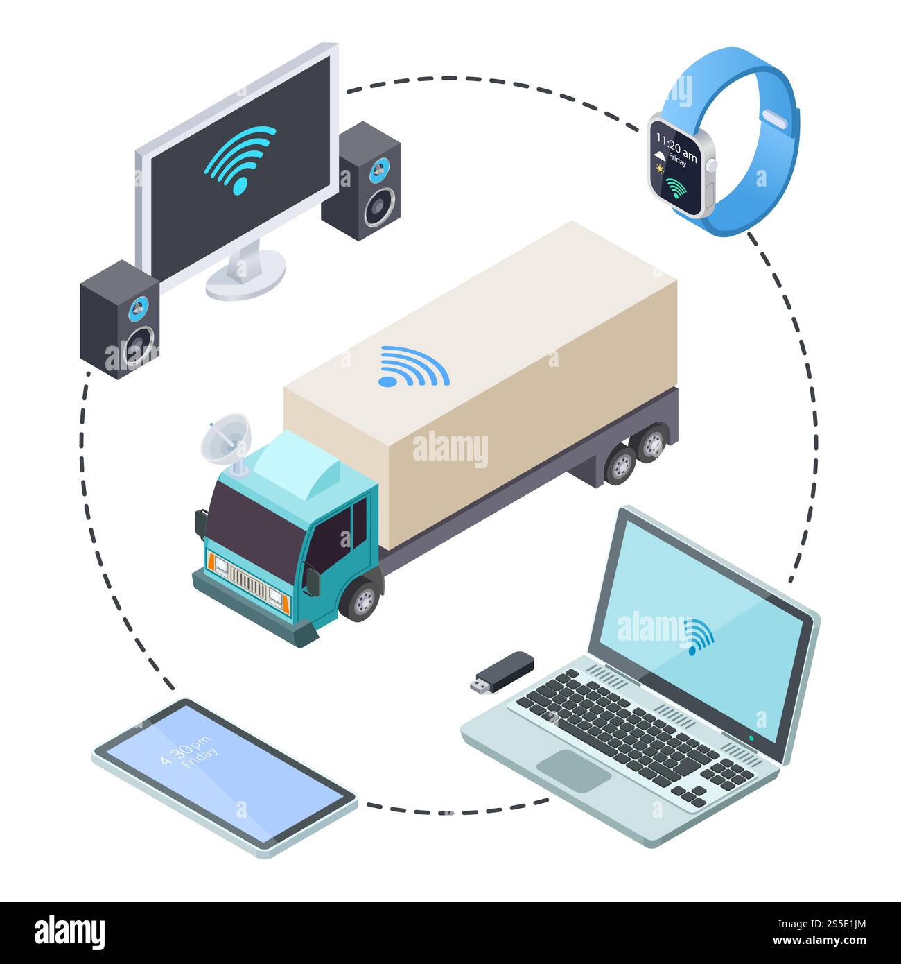 Real time tracking for your cargo trucks isometric vector illustration ...
