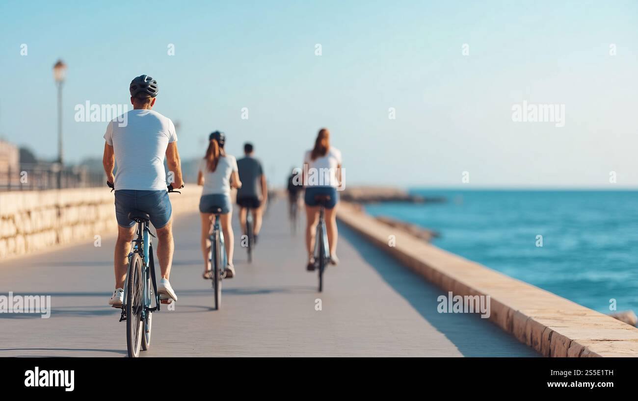 Group of cyclists and pedestrians enjoying an outdoor recreational ...
