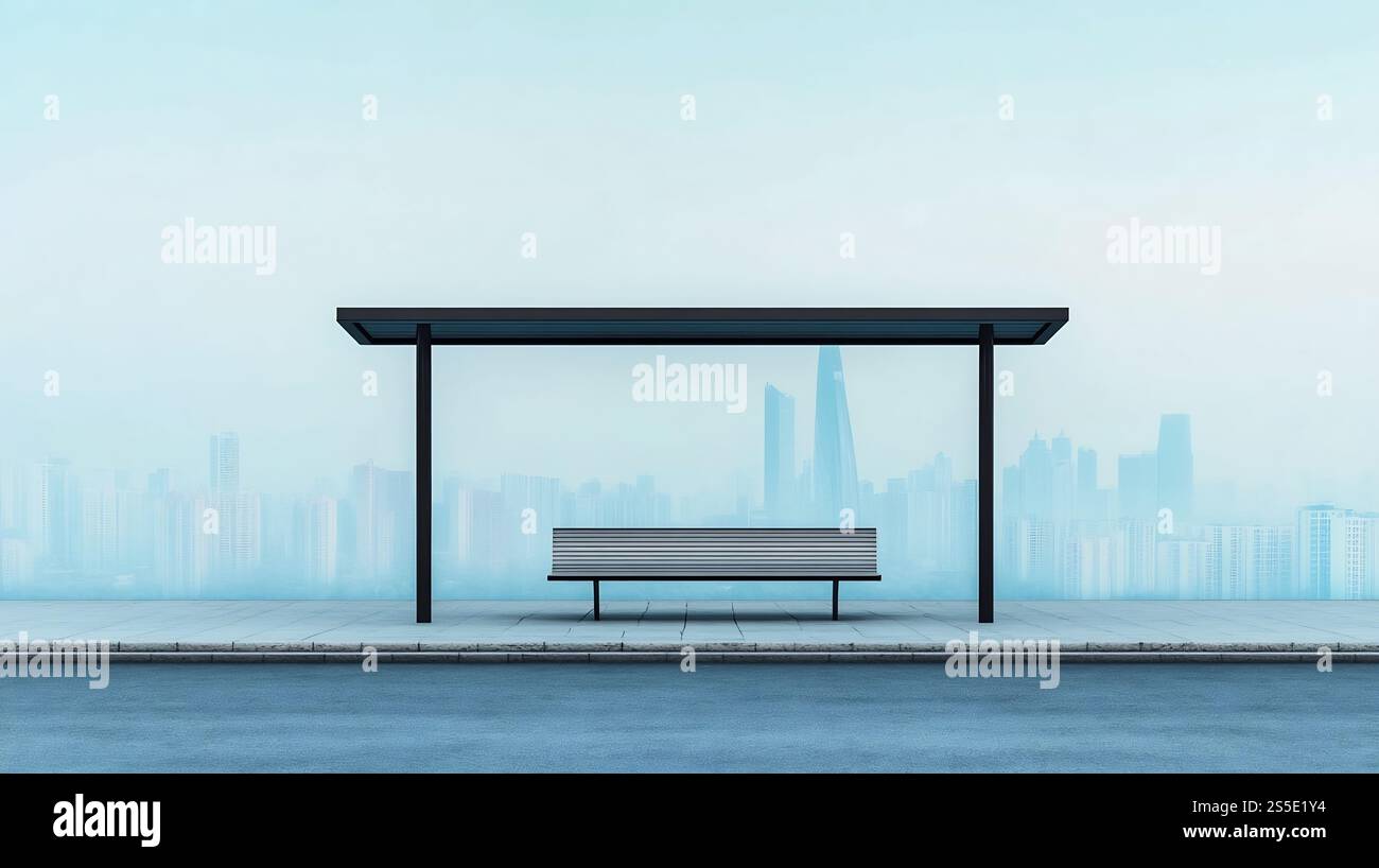 A minimalist bus stop with a simple bench and an abstract city skyline ...