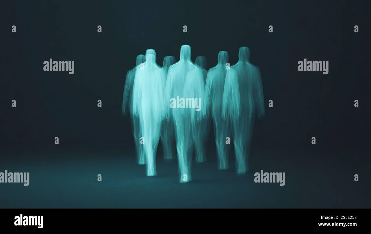 Ghostlike silhouettes of walkers captured in mid-motion,rendered as ...