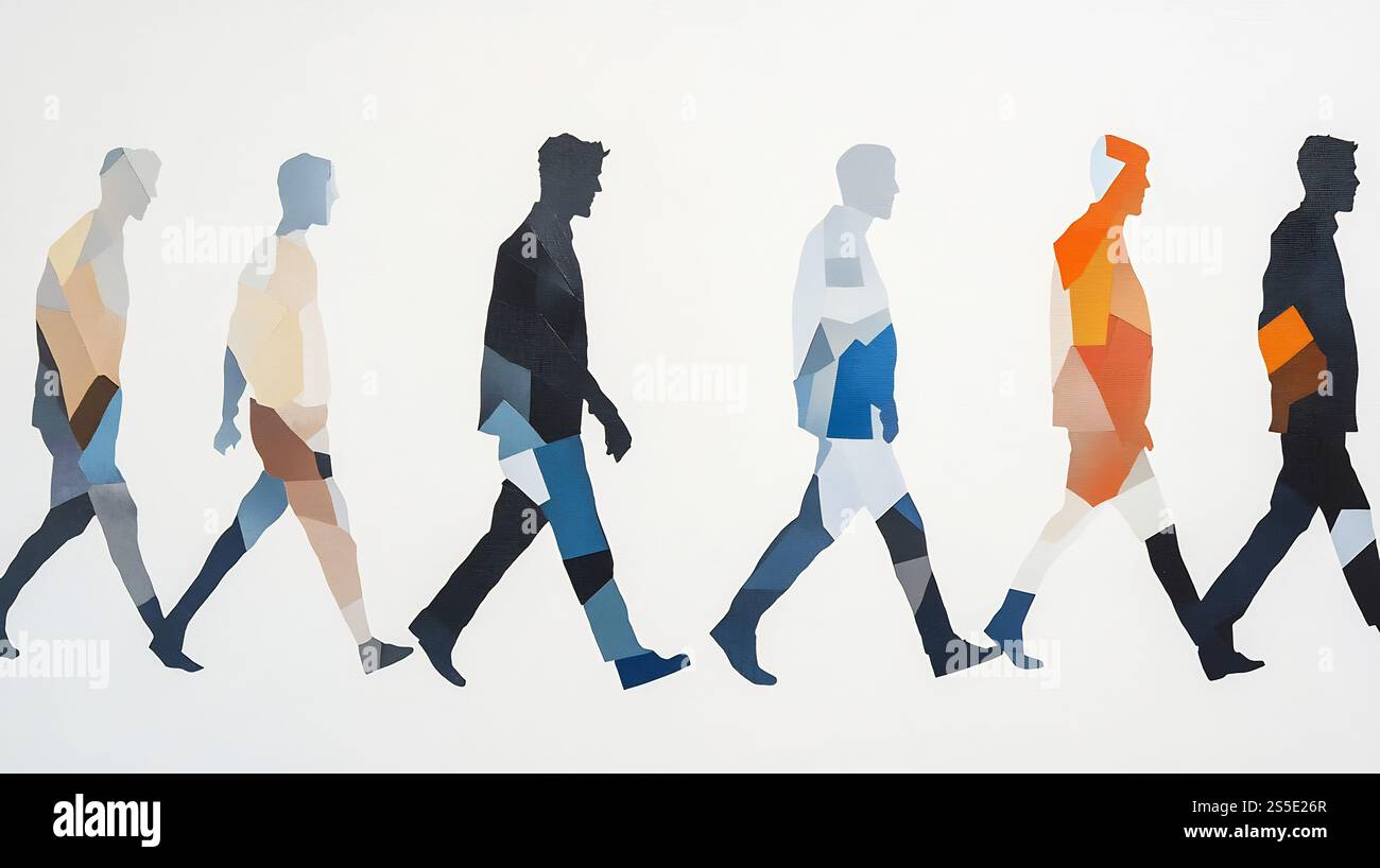 Fragmented geometric human figures in abstract motion,dissolving and ...