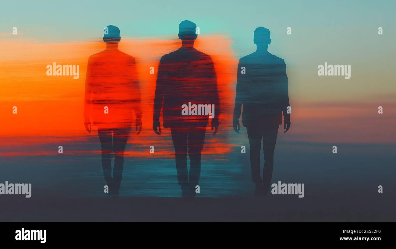 Enigmatic abstract forms of human figures,their outlines refracted and ...