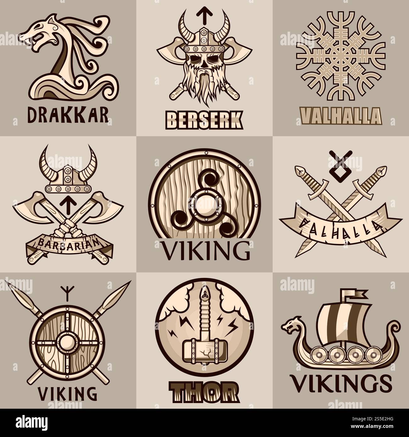 Viking symbols logo templates. Vector wooden icons of Thor hammer and ...