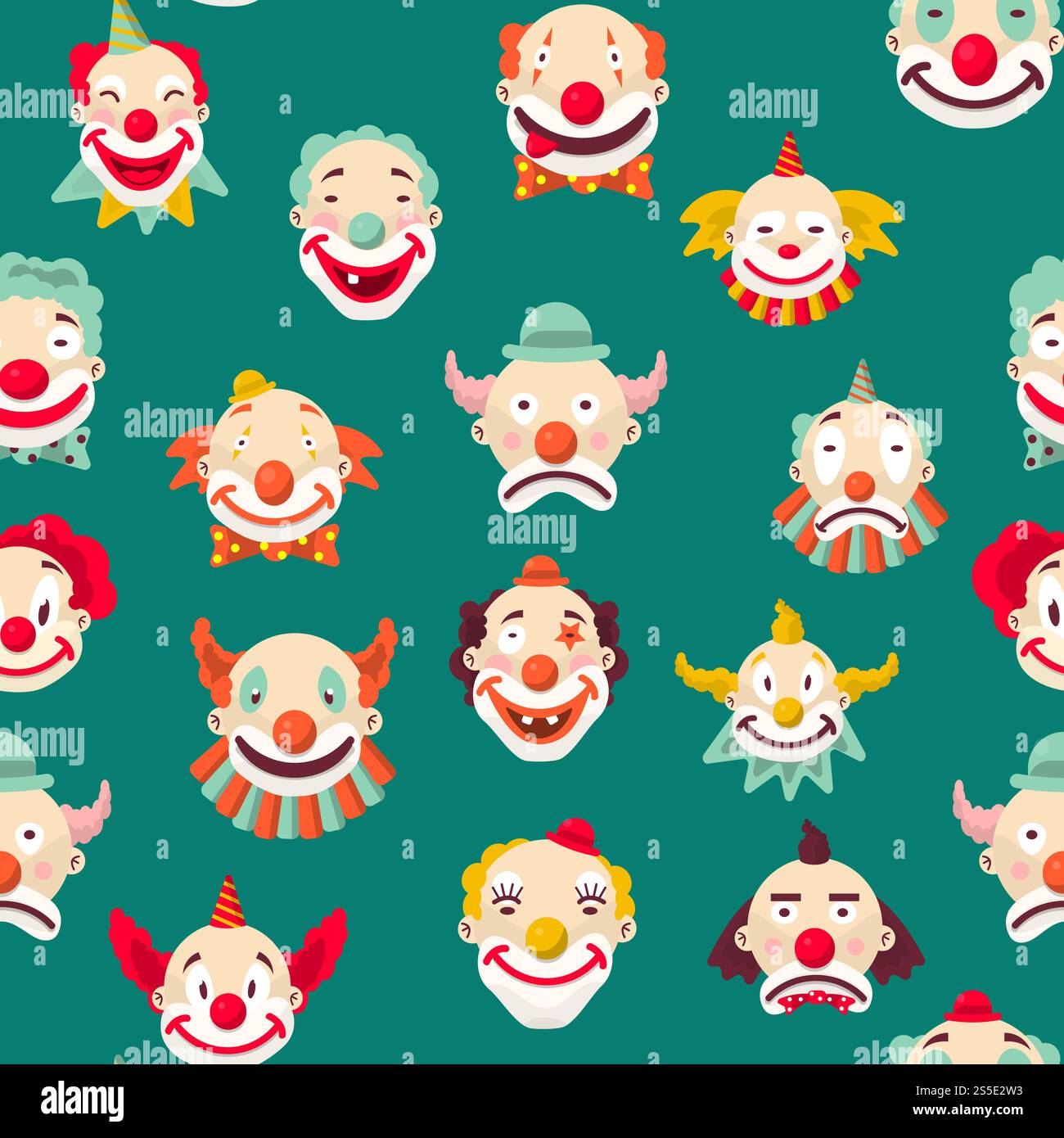 Clowns entertaining people emotions of man seamless pattern on green background. Sad and ...