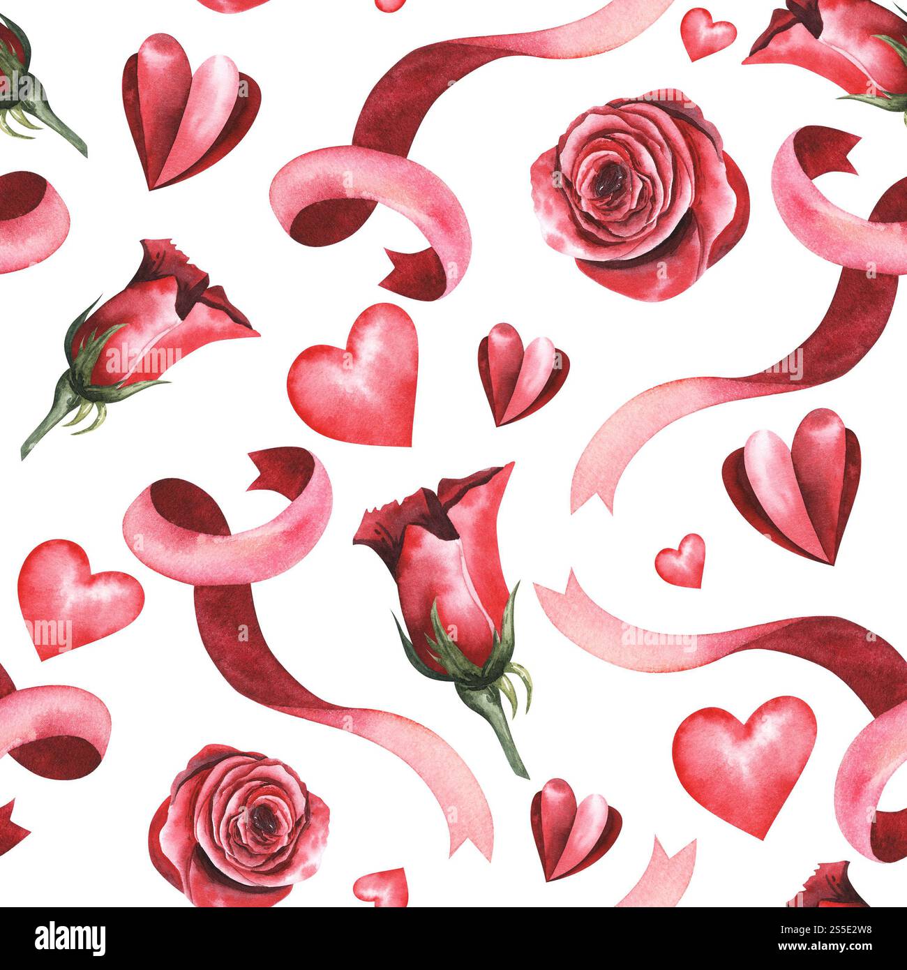 Valentine's Day seamless pattern with red roses and hearts. Hand drawn ...