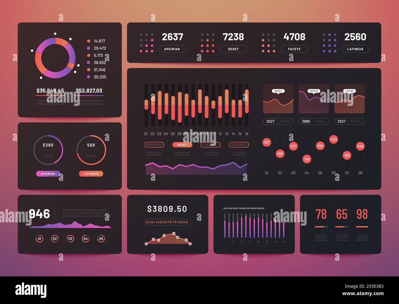 Dashboard ux. Analytics data infographic with performance graphs, marketing charts diagram ...
