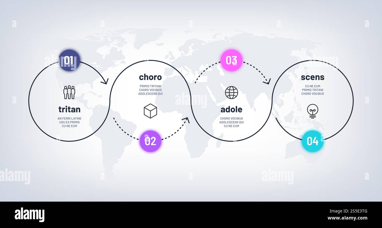Timeline infographic. Loop process chart with 4 step on world map. Business four options process ...