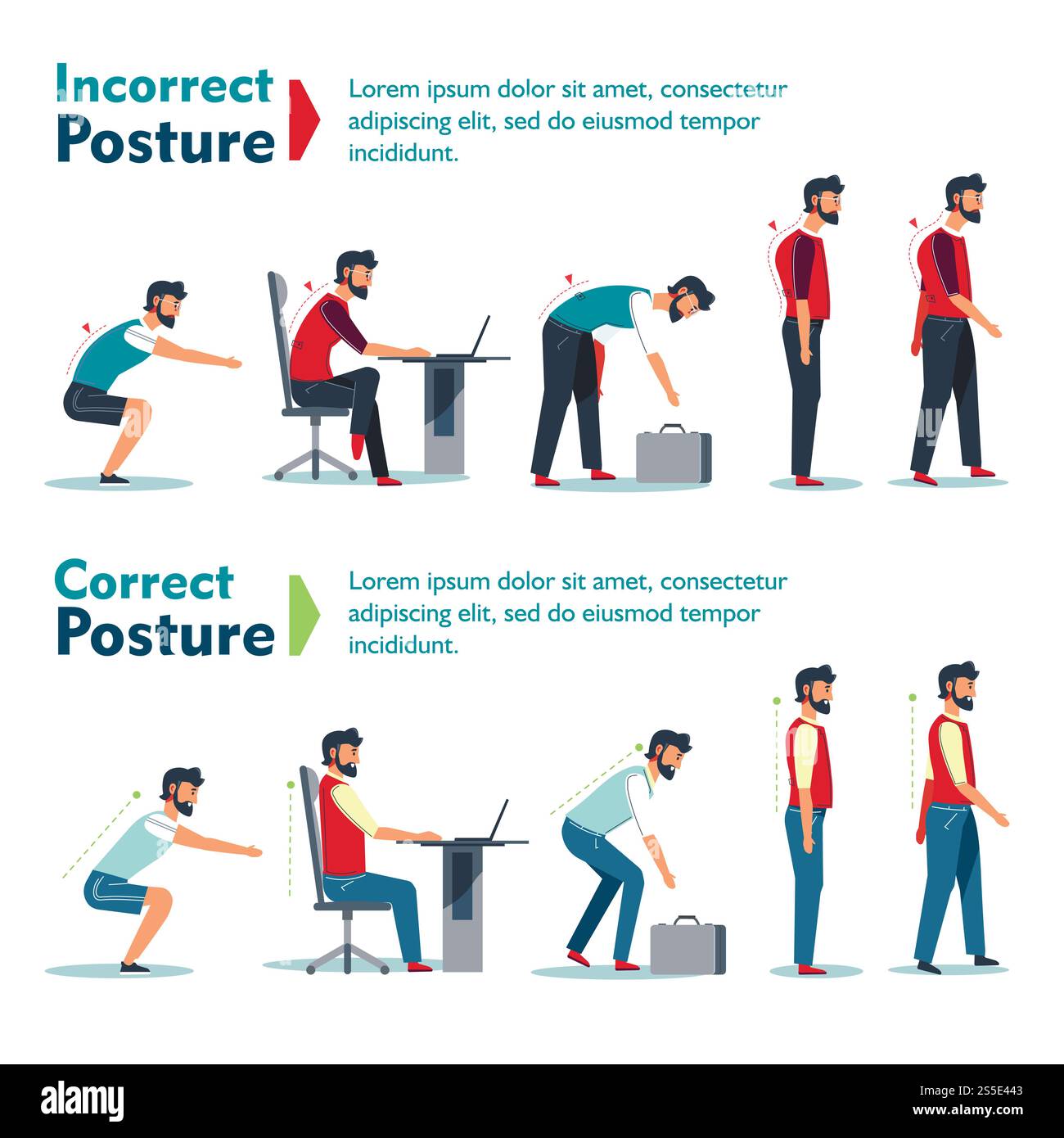 Incorrect and correct posture health care poster with text sample set ...