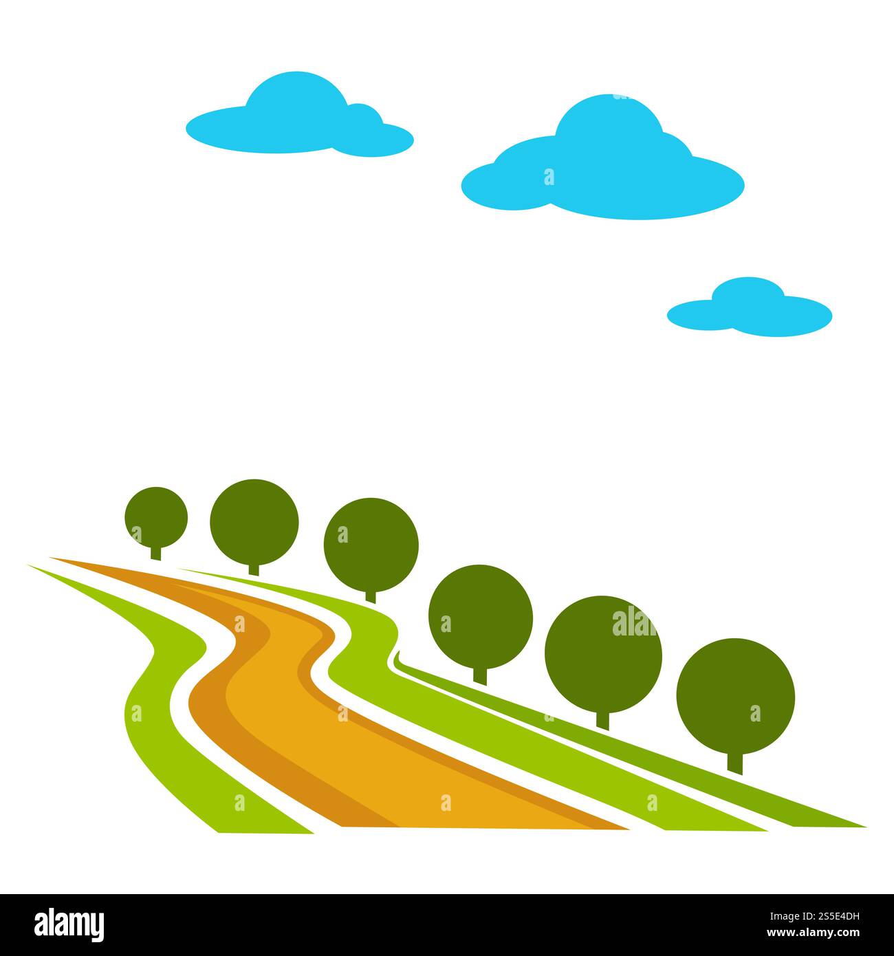 Rural non-asphalted road with trees and sky vector. Greenery and nature ...