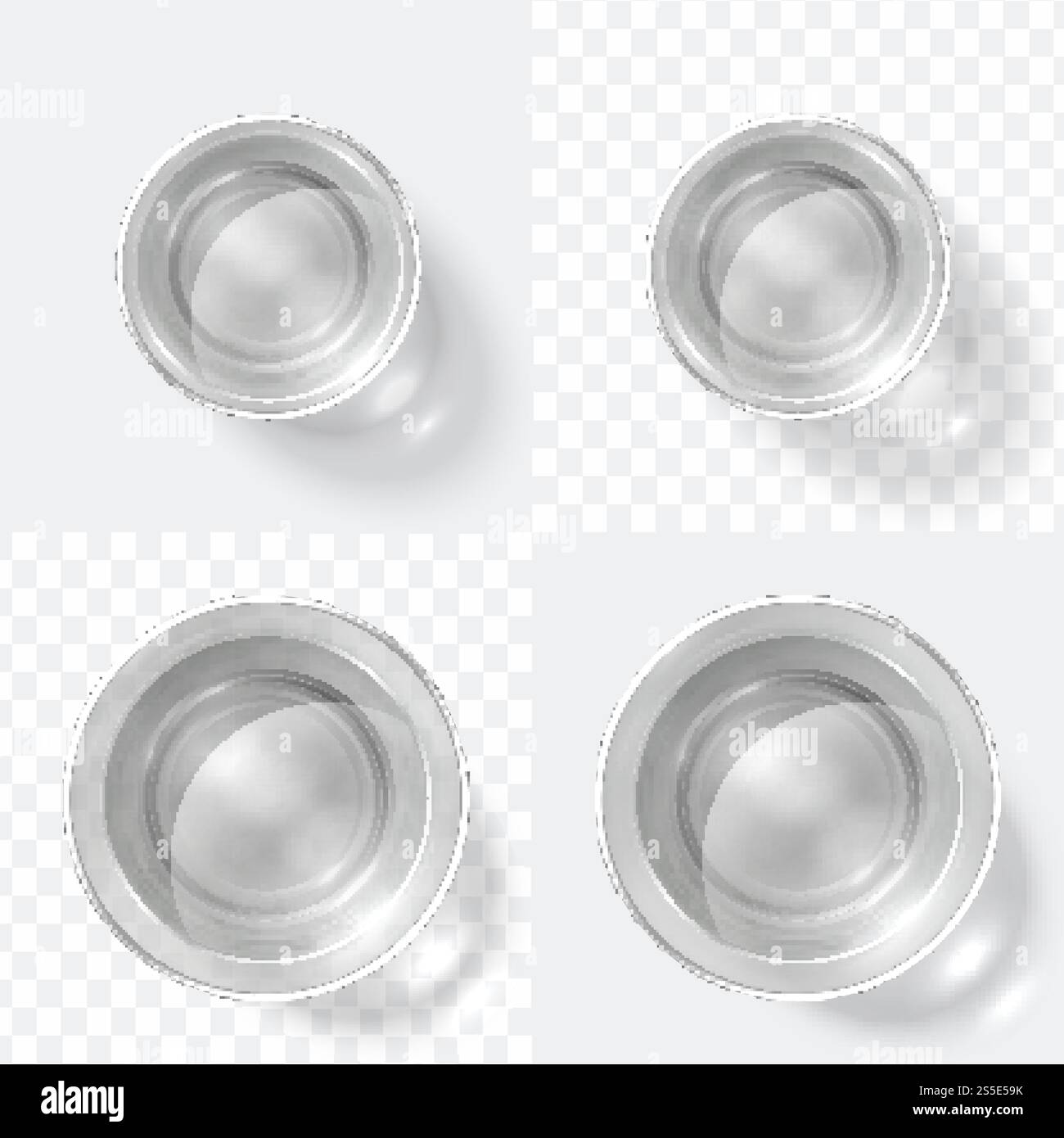 Top view glass. Clear shot of vodka or water, glass cup isolated on white and transparent ...
