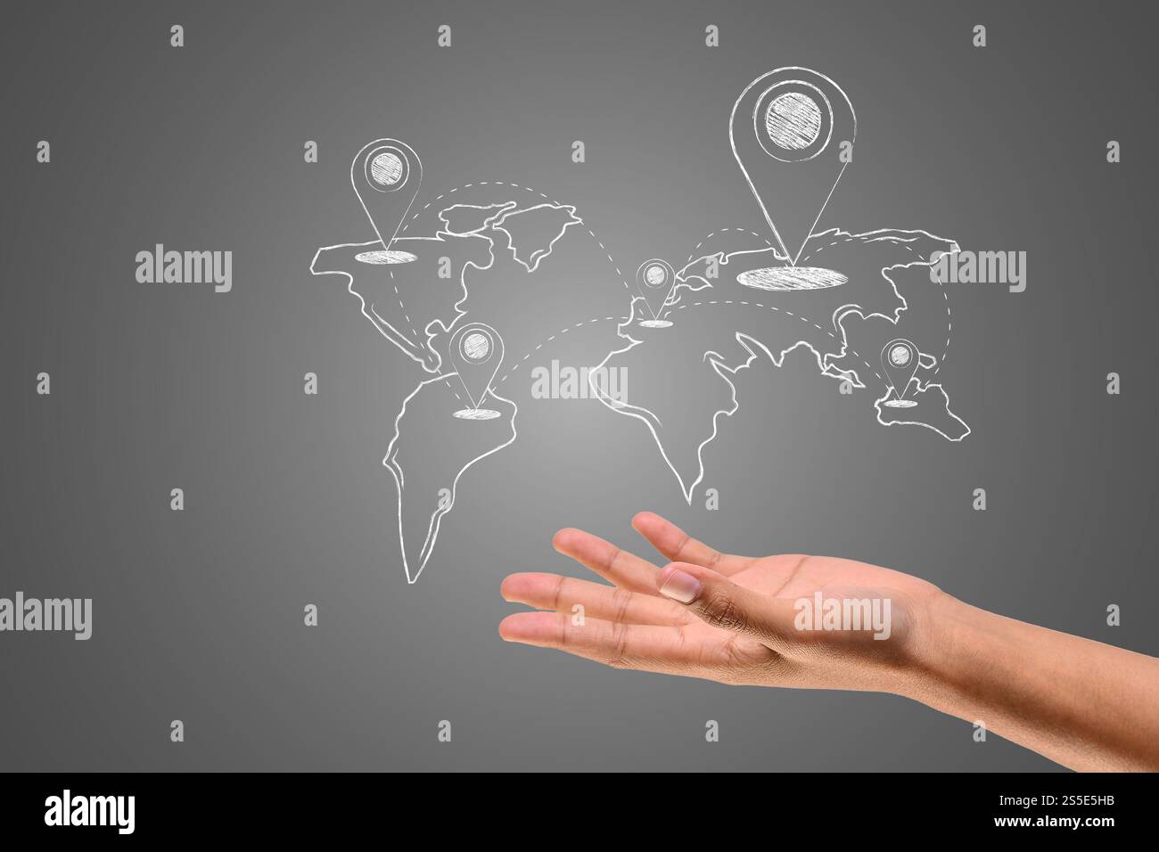 The coordinates and the world map are written in white chalk on the ...