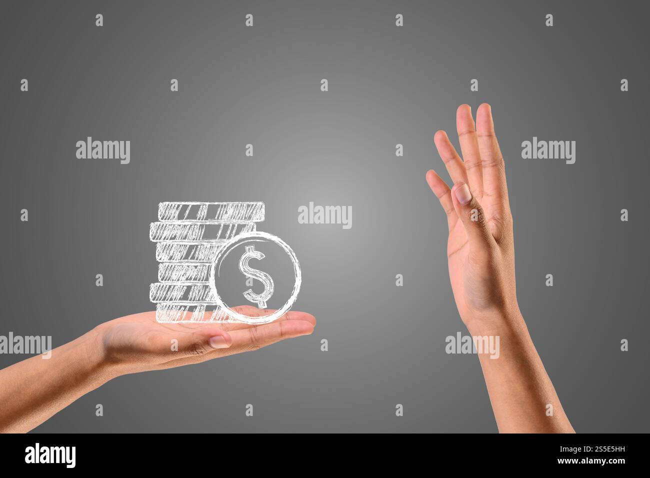 Money was placed in his hand and raised his other hand, write with ...