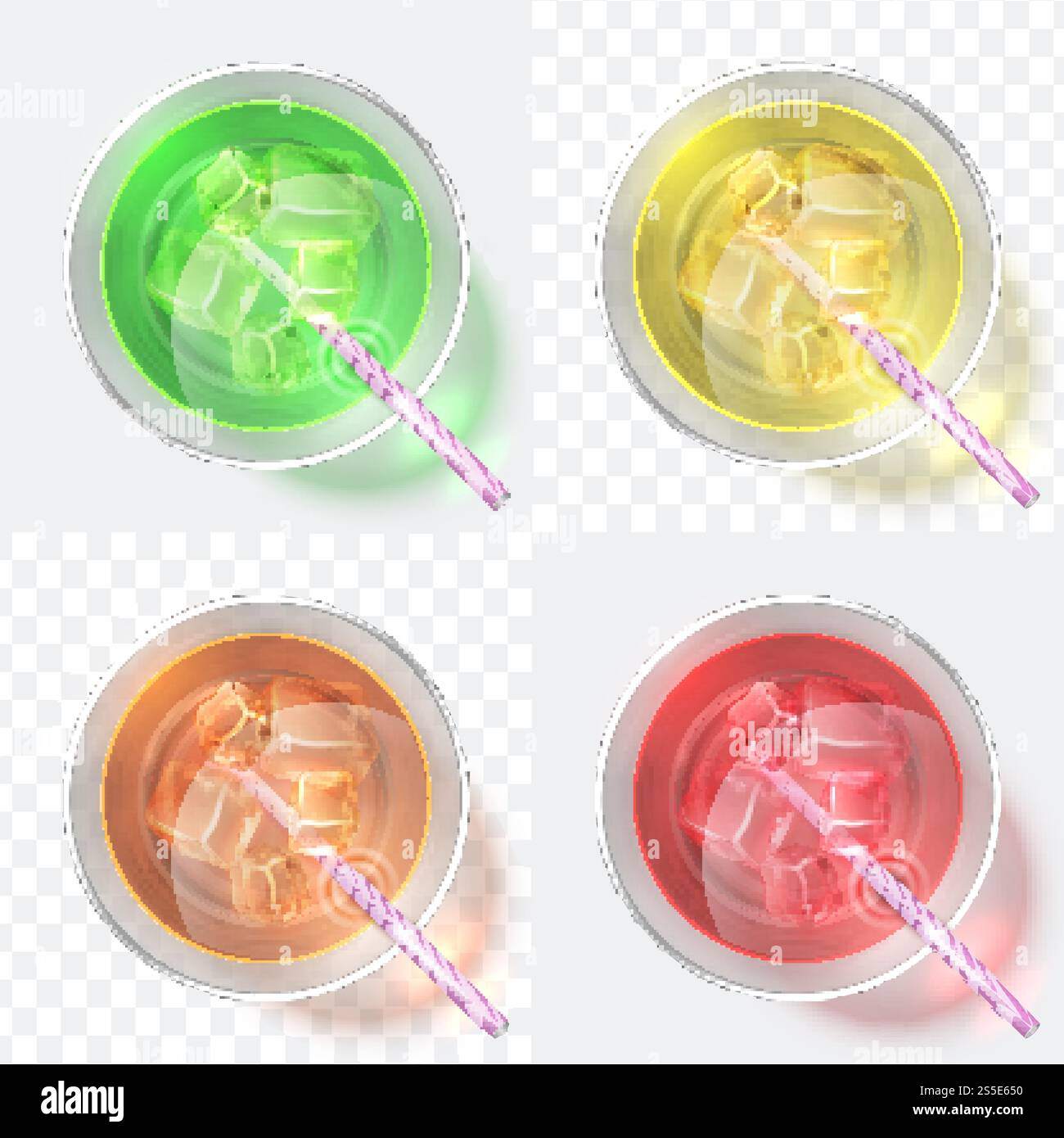 Top view cocktails. Glass with fresh juice and drink with staw. Iced ...