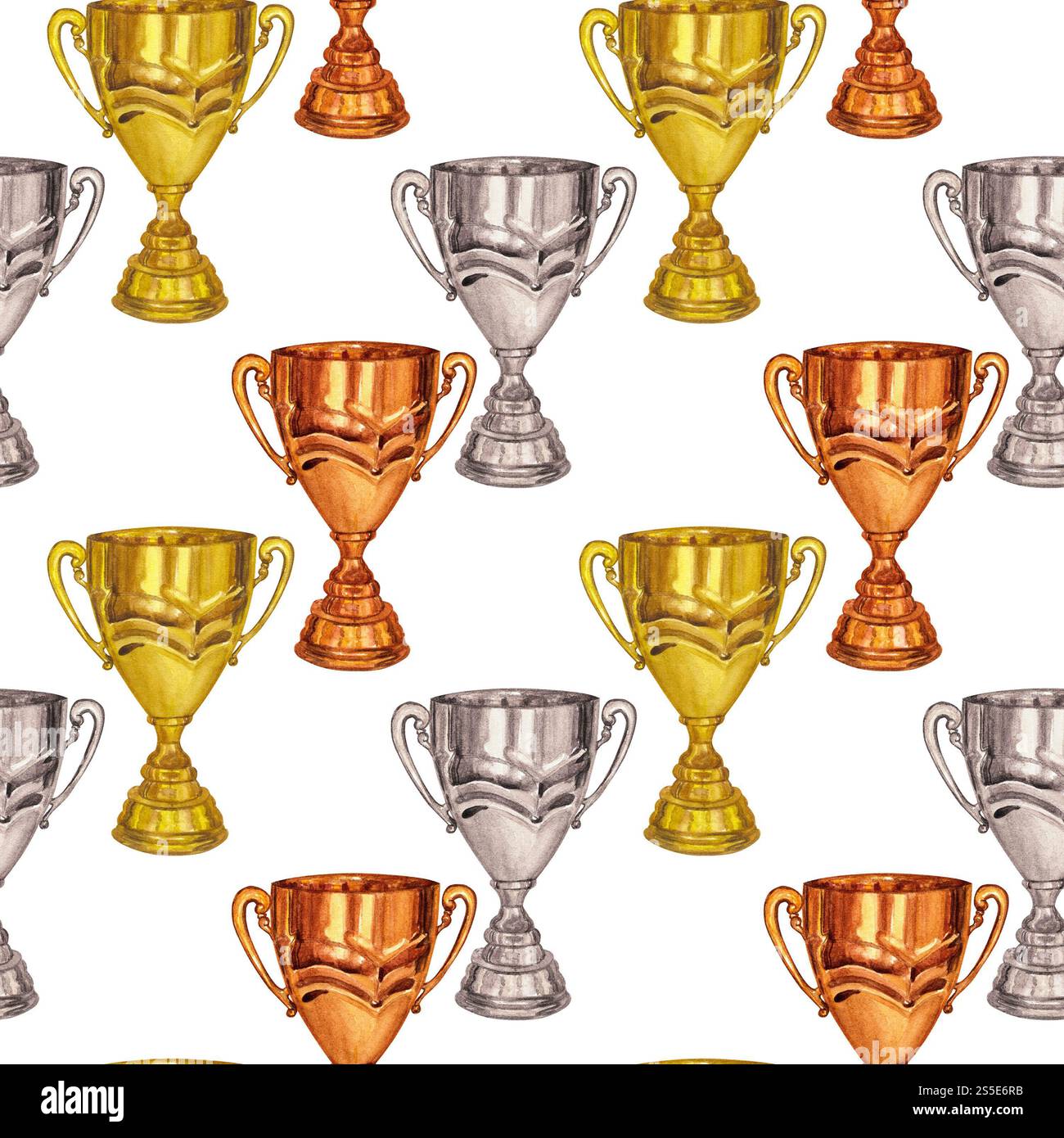 Golden silver bronze winner cup trophy, victory, prize seamless pattern ...