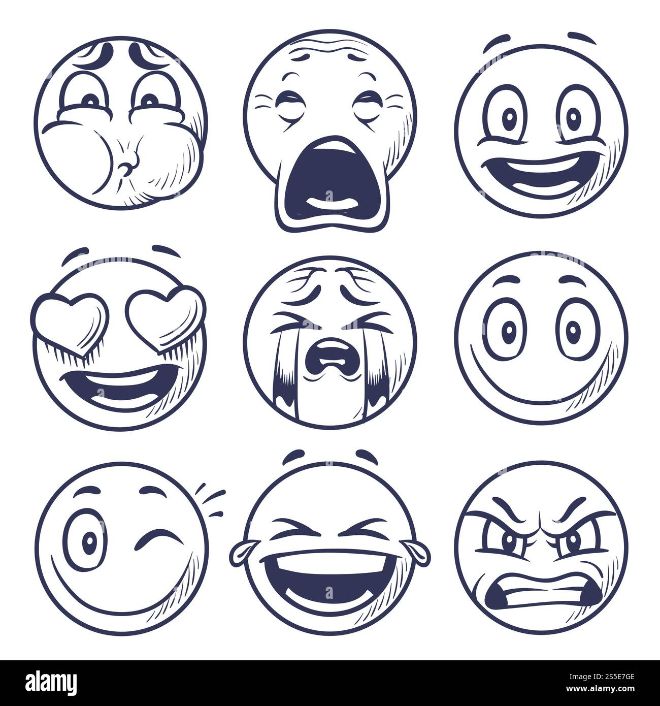 Sketch smiley. Smile expression icons, emoticons faces. Hand draw ...