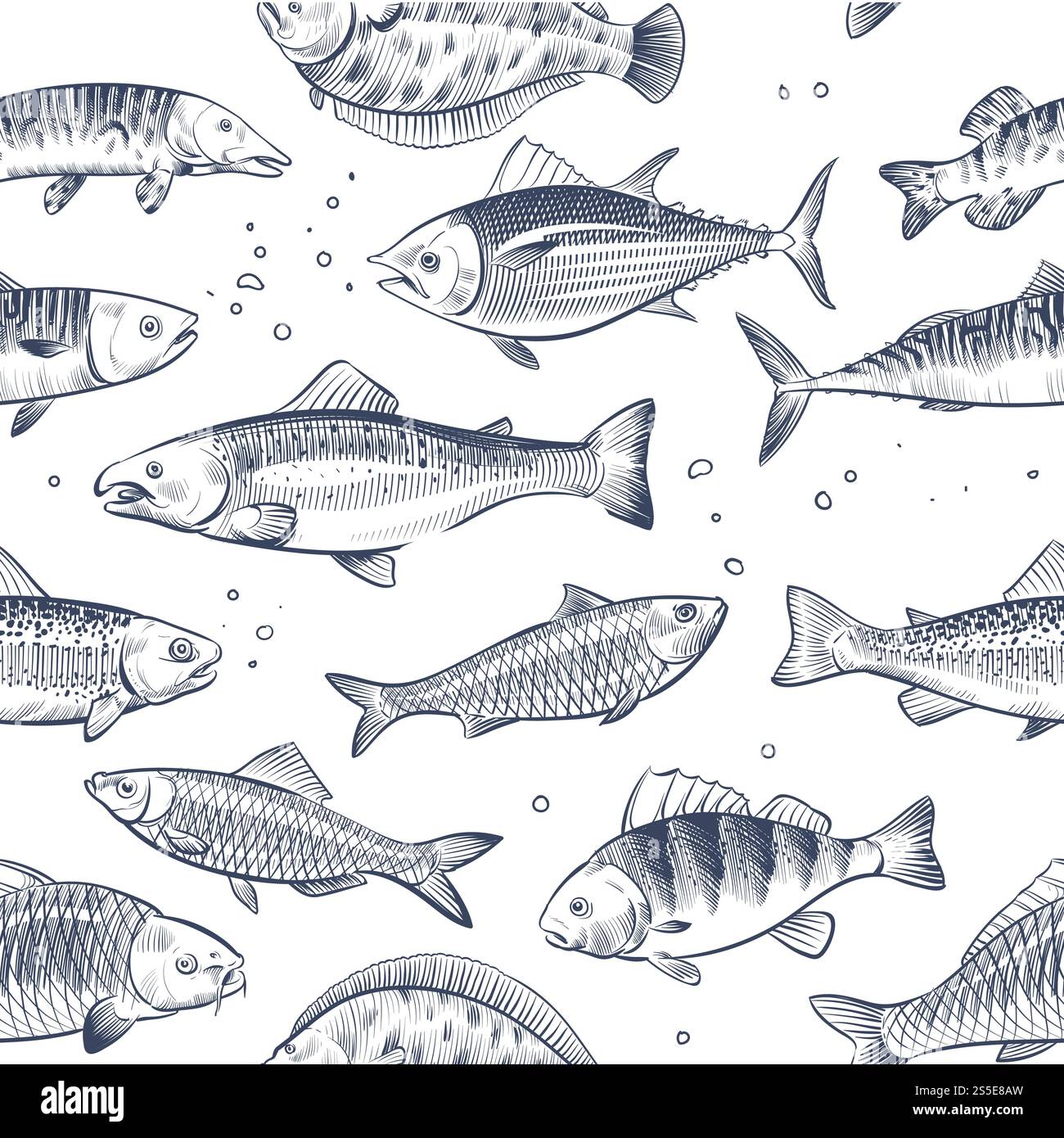 Sketch fishes seamless pattern. Etched ocean fish wrapper vector ...