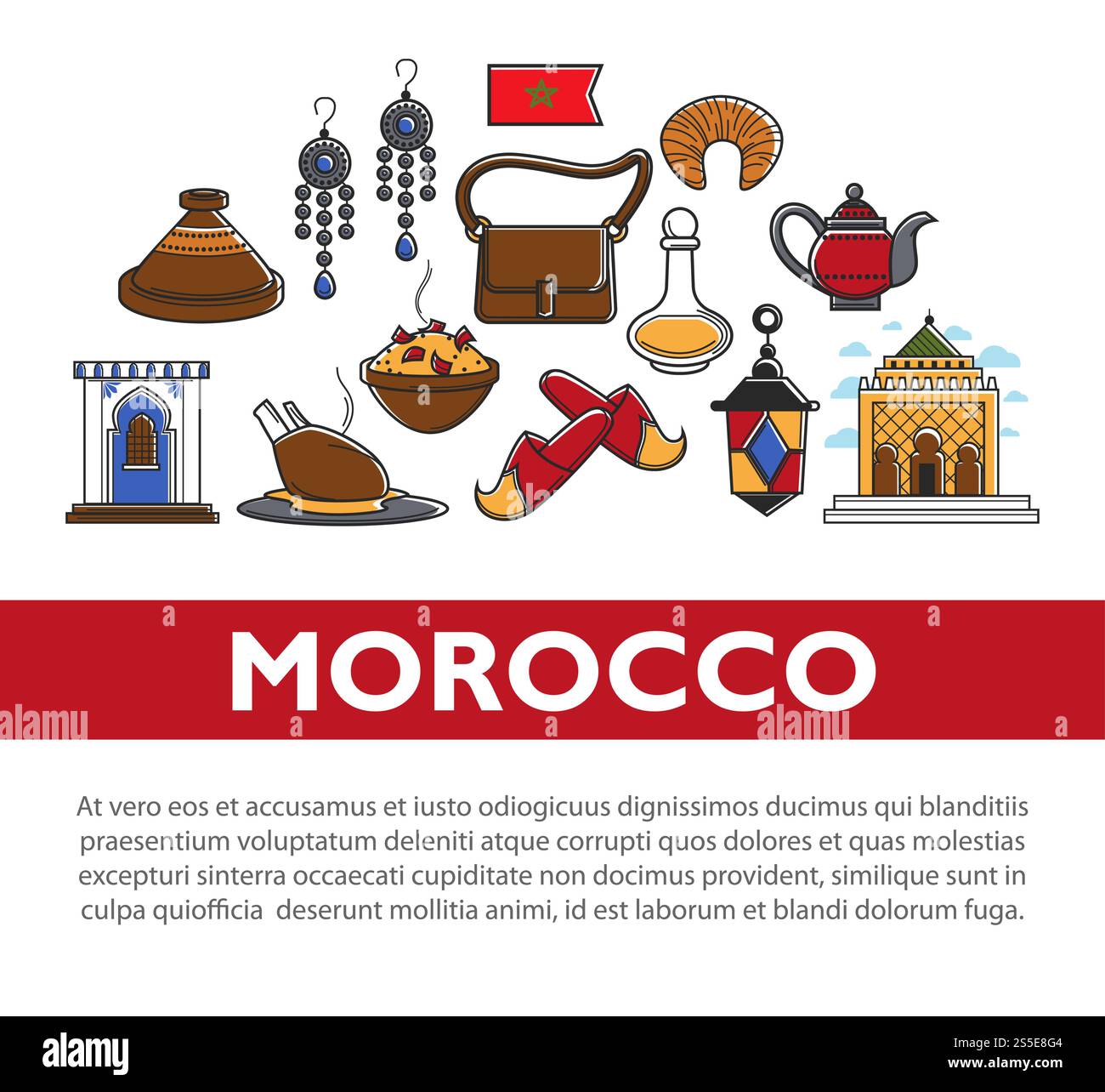 Morocco travel agency promo informative poster with cultural symbols ...