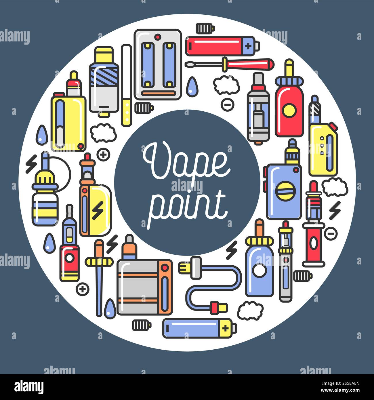 Vape products promotional poster with modern devices for smoking that produce steam with flavor ...