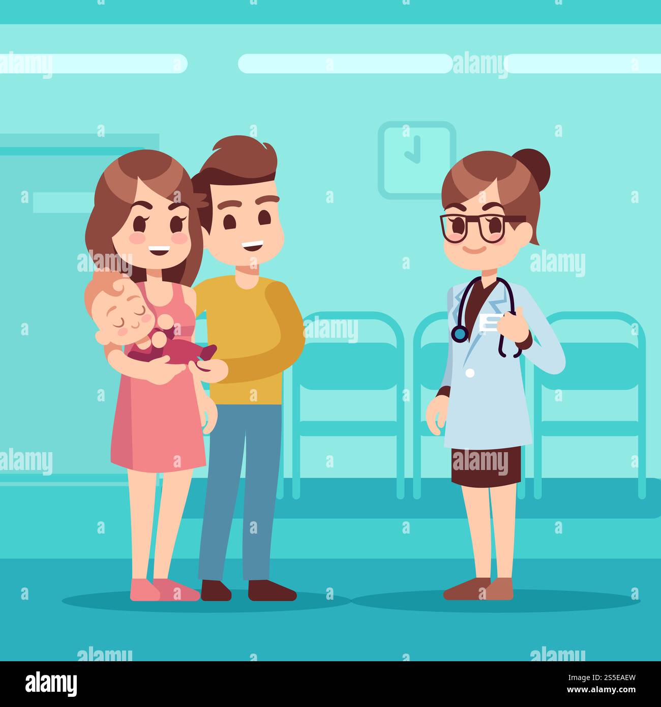 Happy family with baby and pediatrician doctor. Pediatric care vector ...
