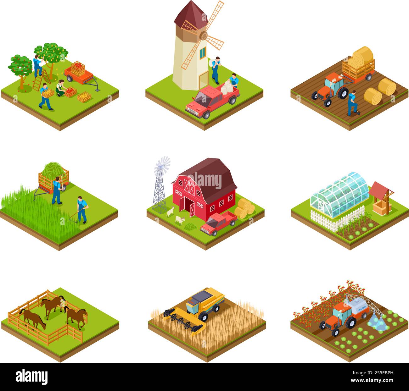 Isometric farm. Farmer tractor lorry and harvester. Livestock and ...