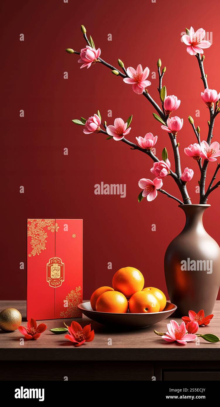 Lunar New Year Decorations with Blossoms, Oranges, and Red Envelope ...