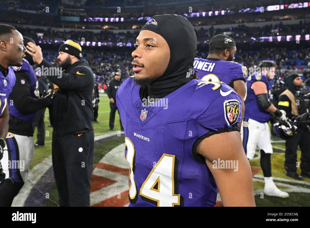 Baltimore Ravens running back Keaton Mitchell (34) looks on after an ...