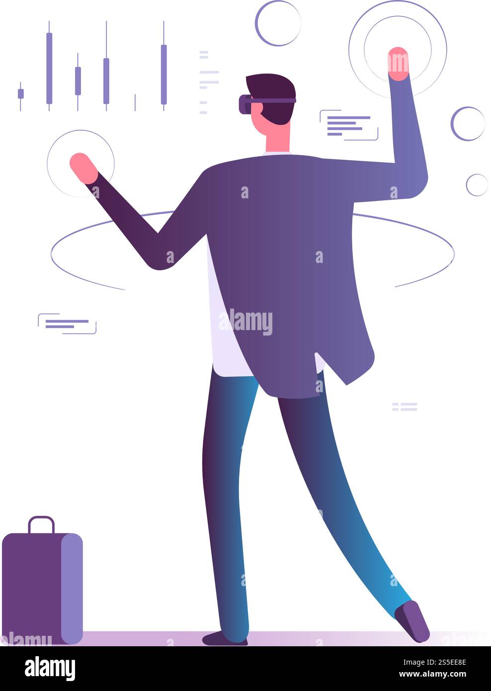 Virtual augmented reality business concept. Man with vr gadgets manages e-account. Future ...