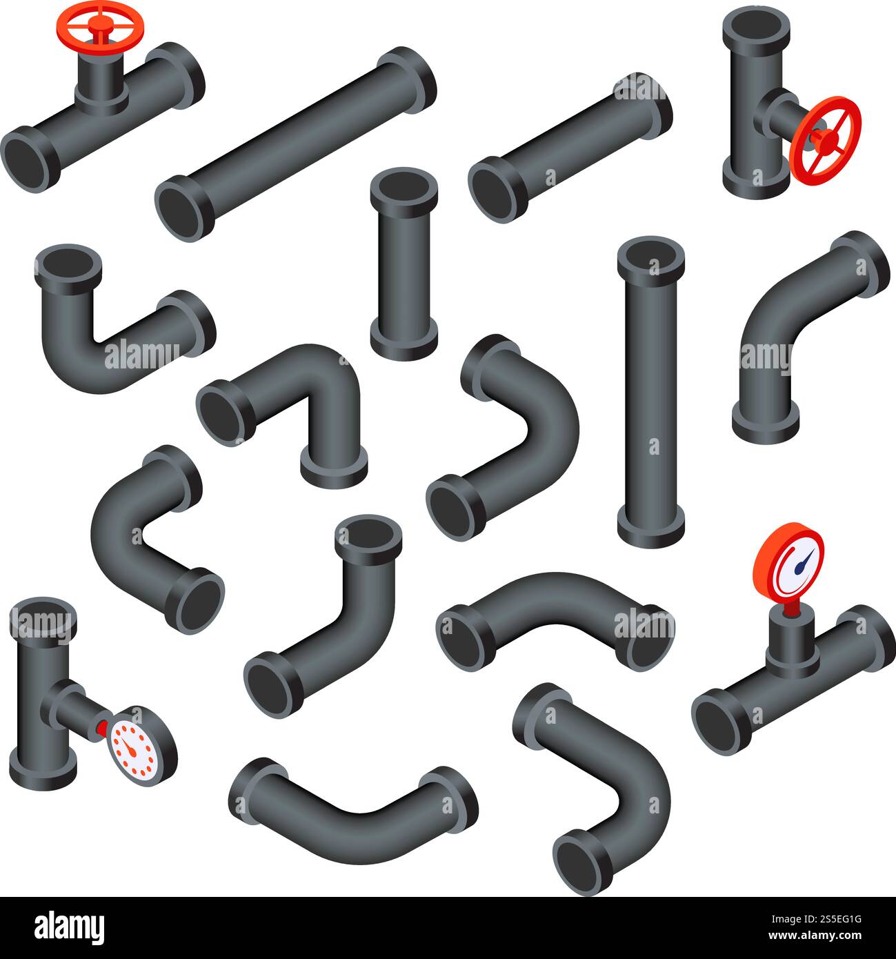 Isometric pipes. Water tubes, pipeline with valve. Oil, gas industry ...