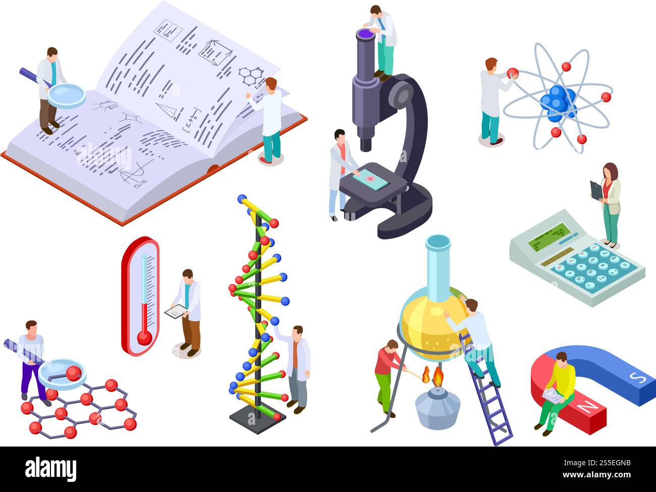 Isometric science set. Scientist and student with huge chemistry and ...