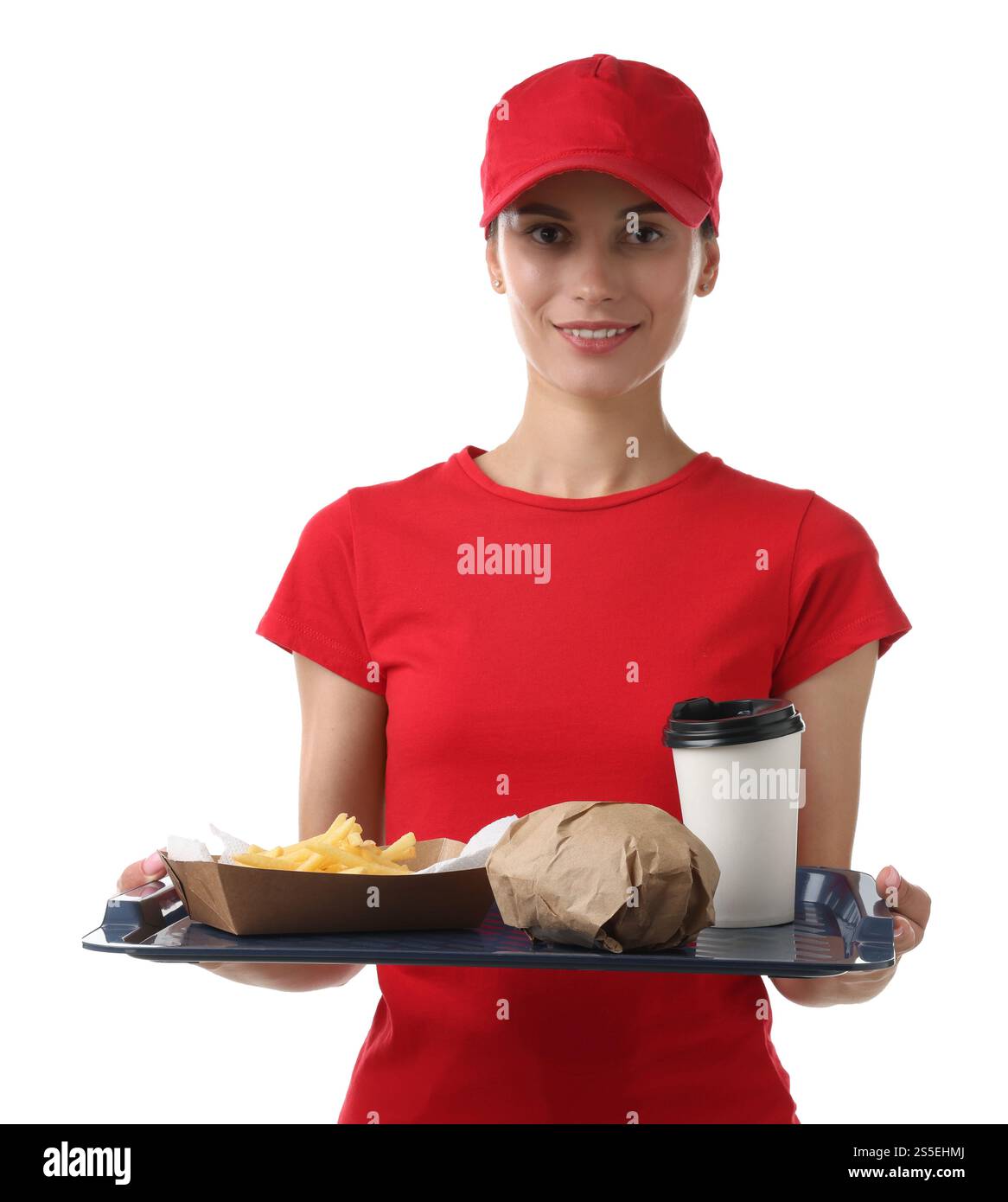 Fast-food worker holding tray with order on white background Stock ...