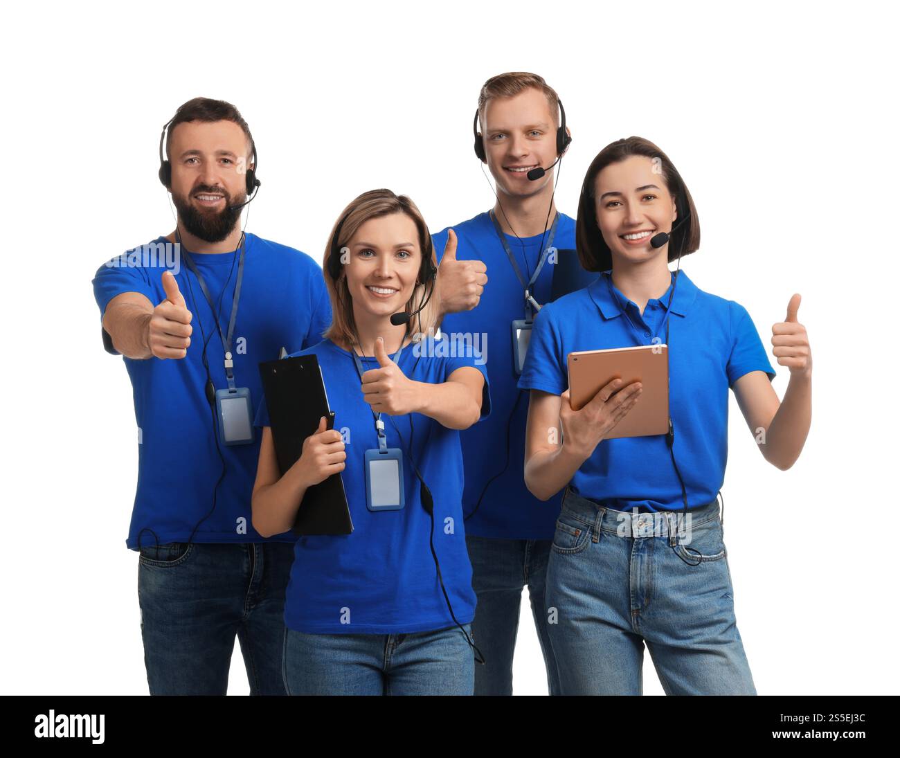 Technical support call center. Team of friendly operators showing ...