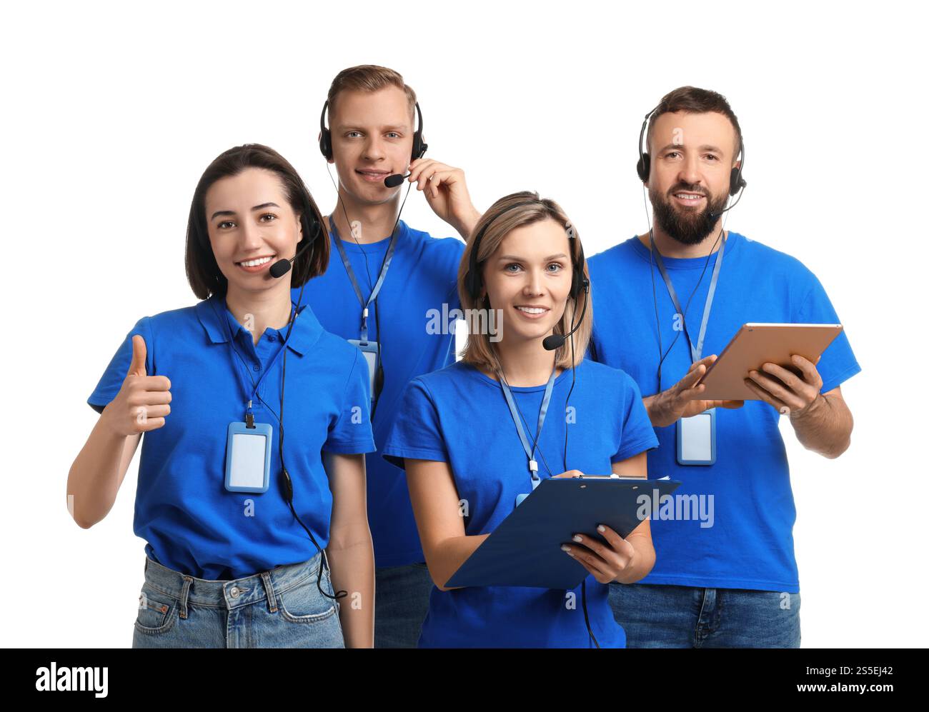 Technical support call center. Team of friendly operators on white ...