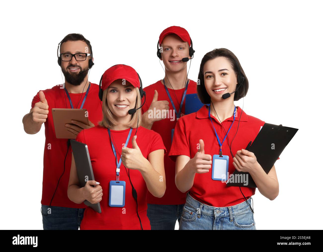 Technical support call center. Team of friendly operators showing ...