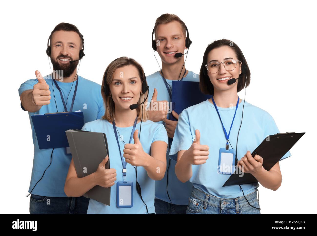 Technical support call center. Team of friendly operators showing ...
