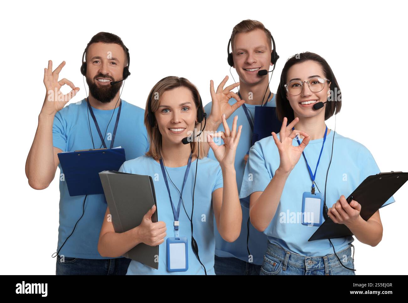 Technical support call center. Team of friendly operators showing ok ...