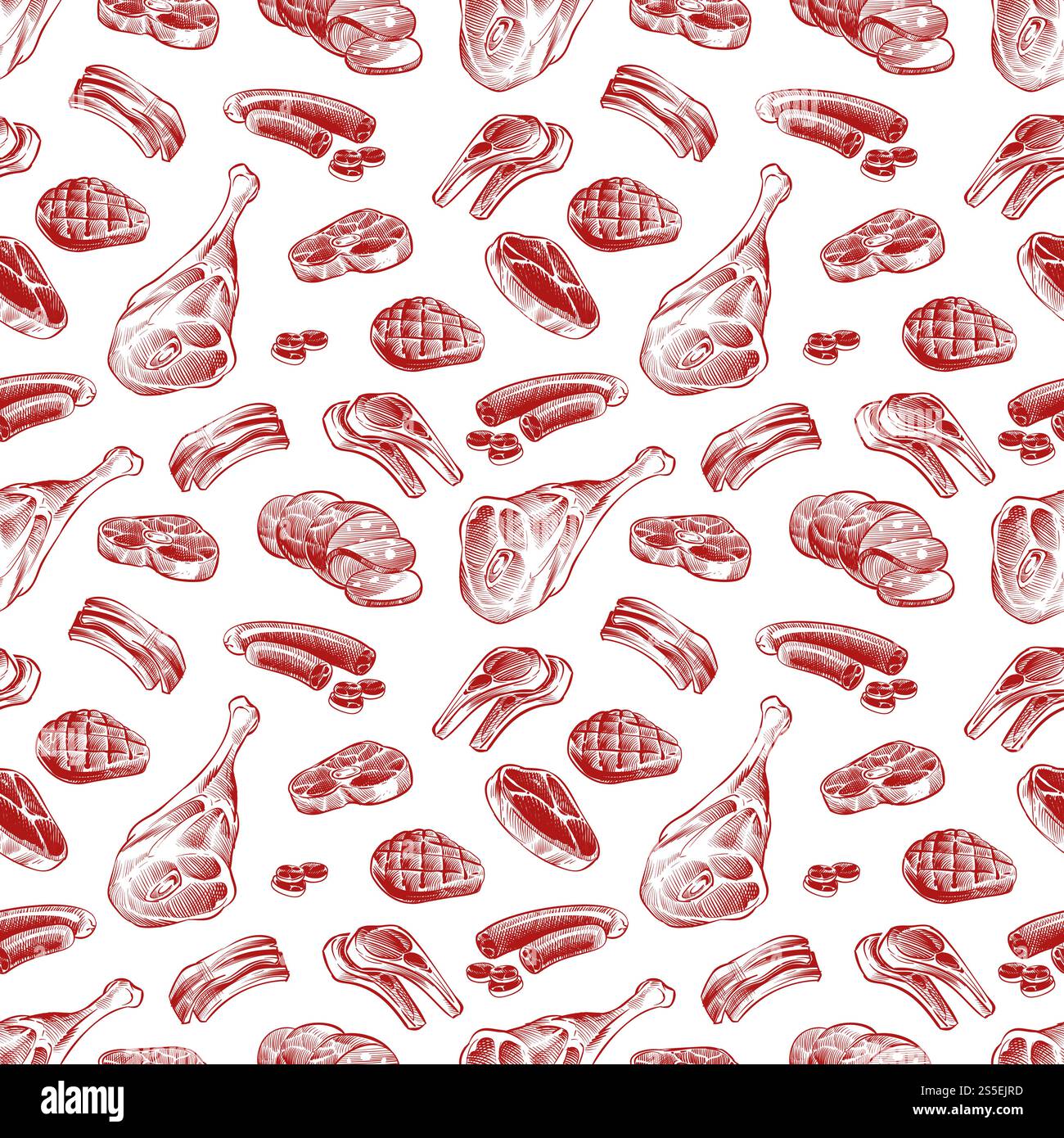 Hand drawn meat, steak, beef and pork, lamb grill meat and sausage ...