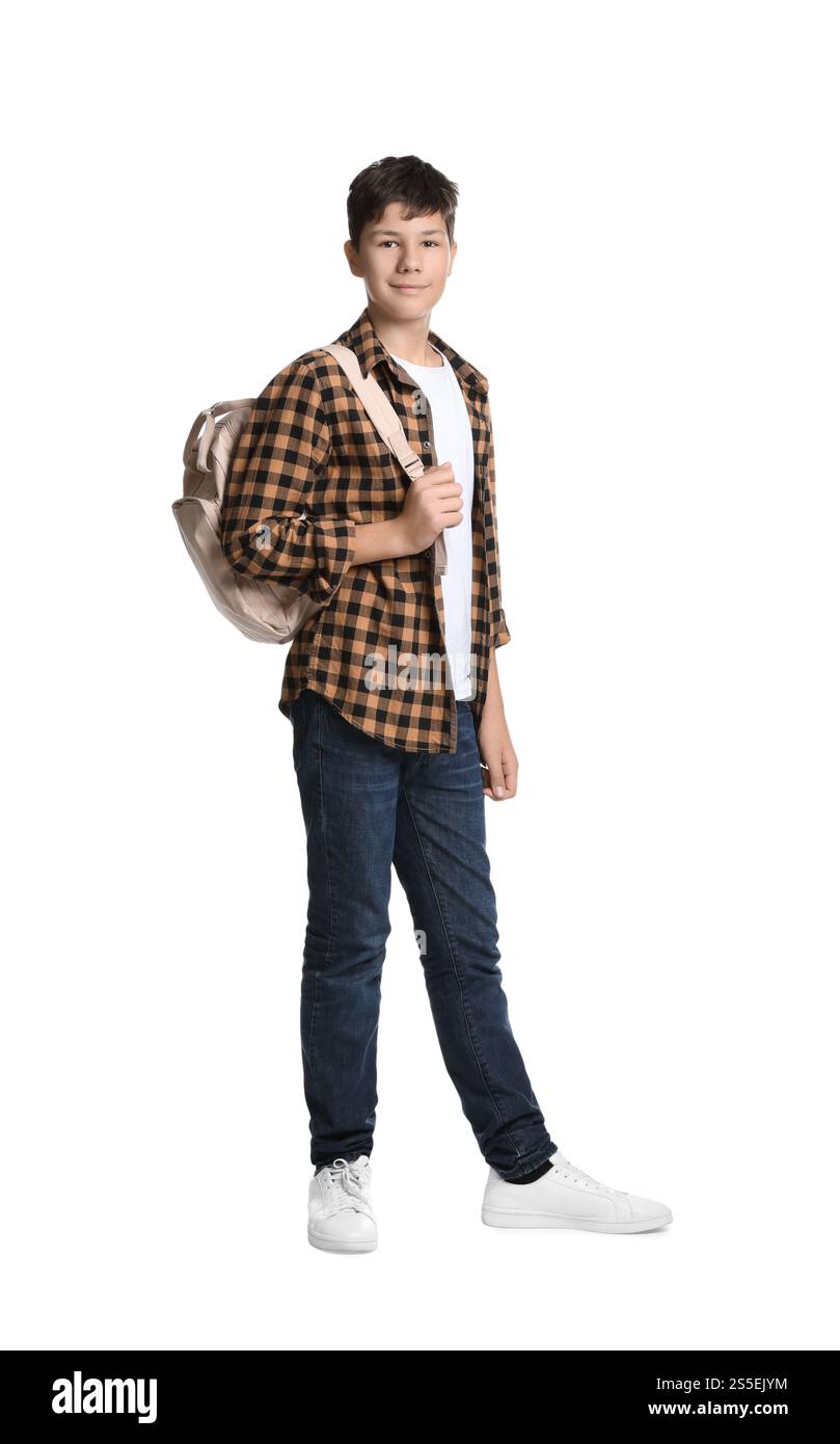 Full length portrait of teenage boy with backpack on white background ...
