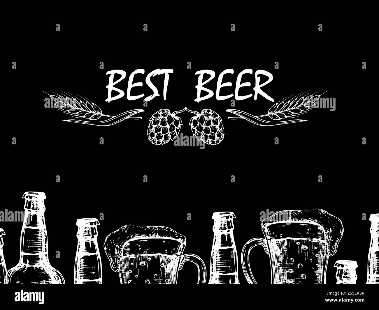 Vector retro background with doodle beer bottles and glasses ...