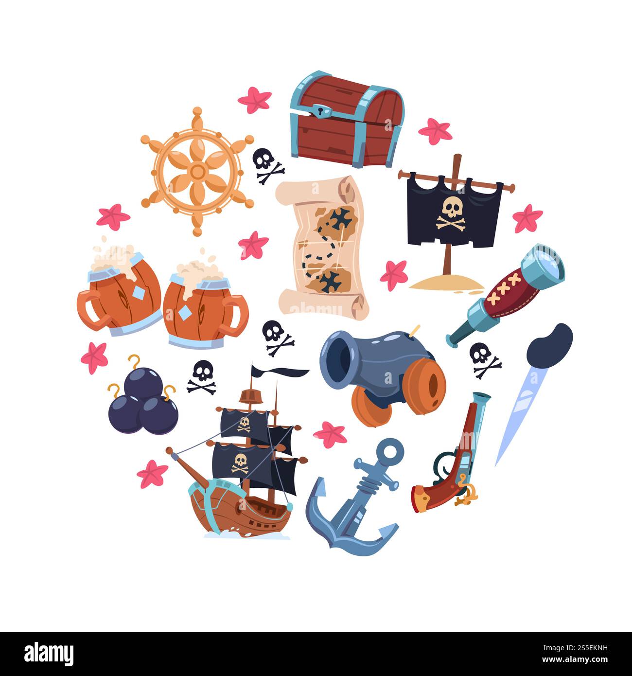 Pirates vector elements vector concept with ship, flag, gun, map ...