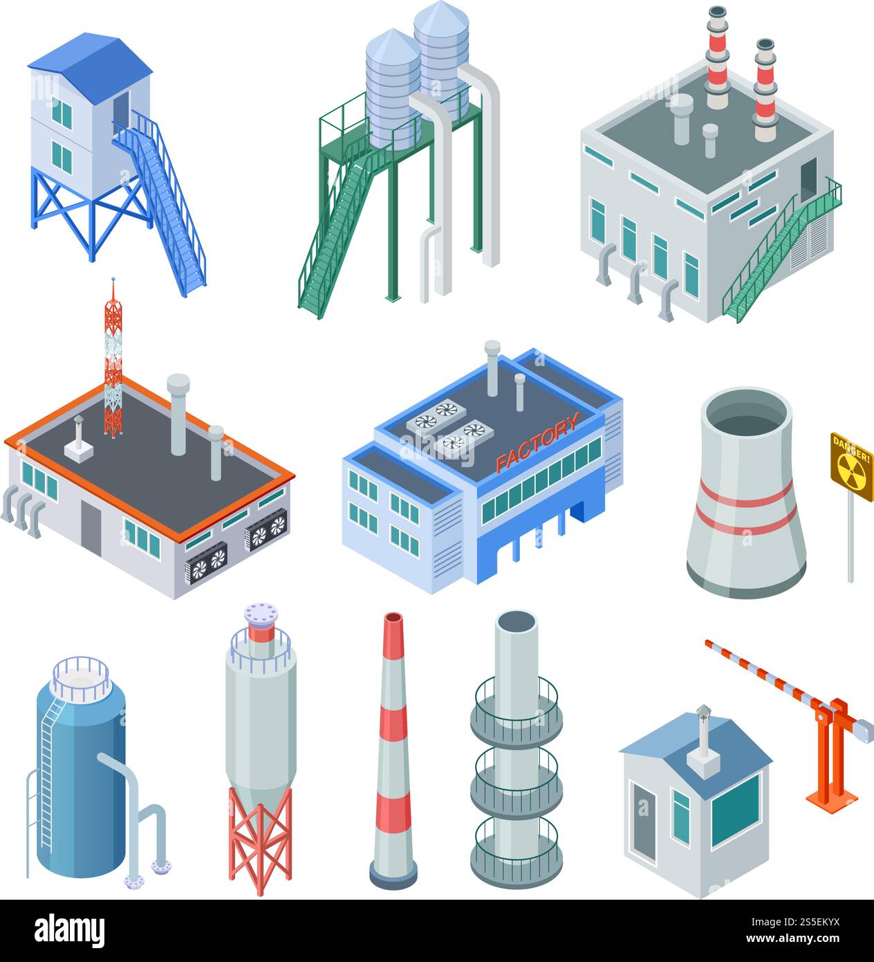 Isometric industrial buildings. Factory building power station ...