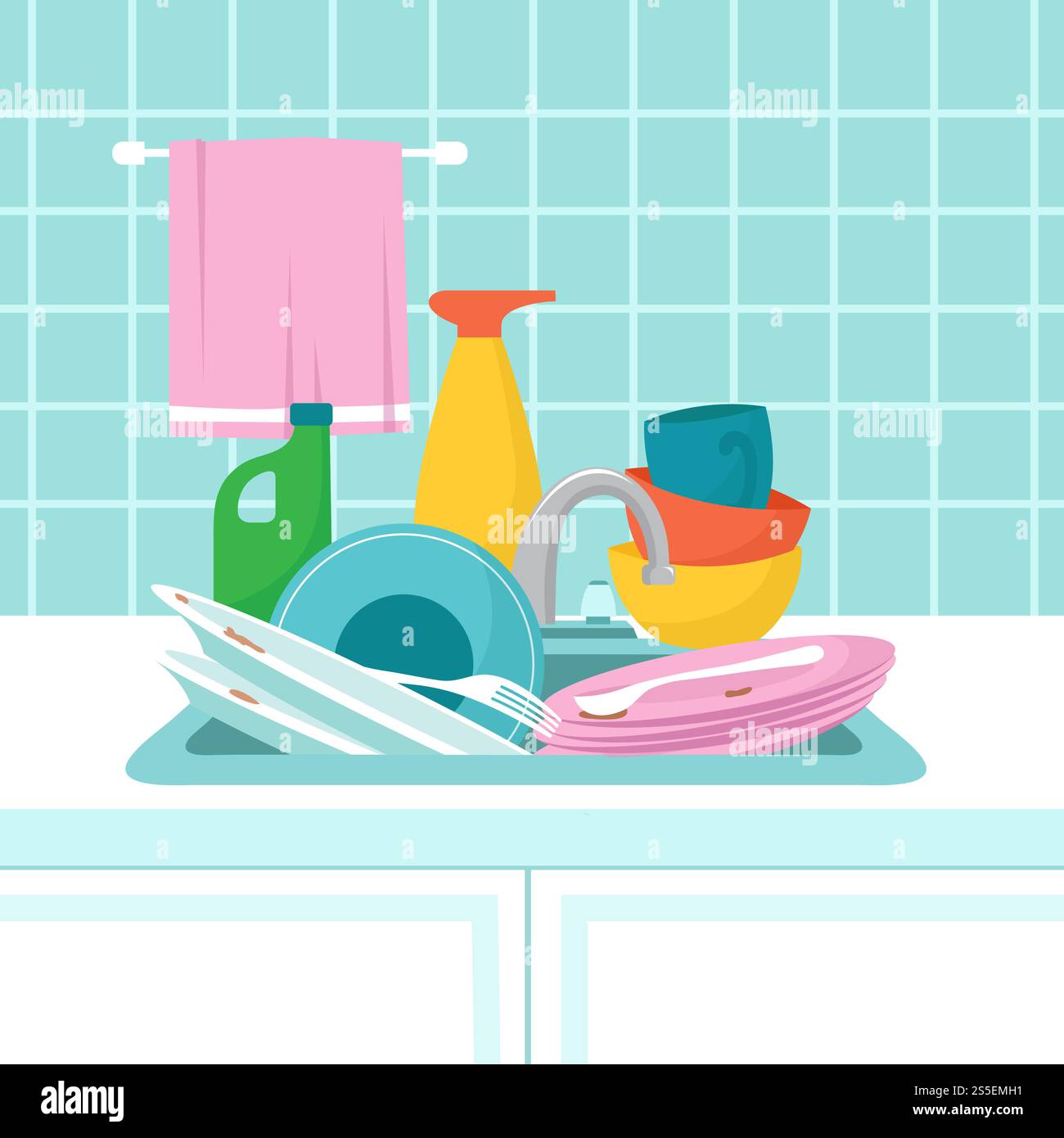 Kitchen sink with dirty plates. Pile of dirty dishes, glasses and wash ...