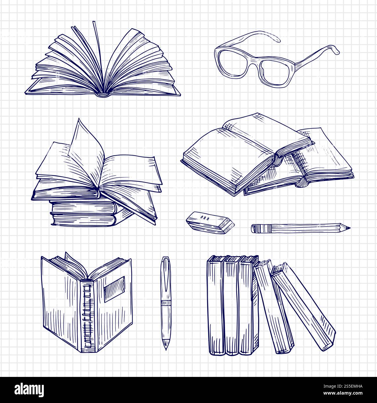Sketch books and stationery. Vintage library doodle vector collection ...