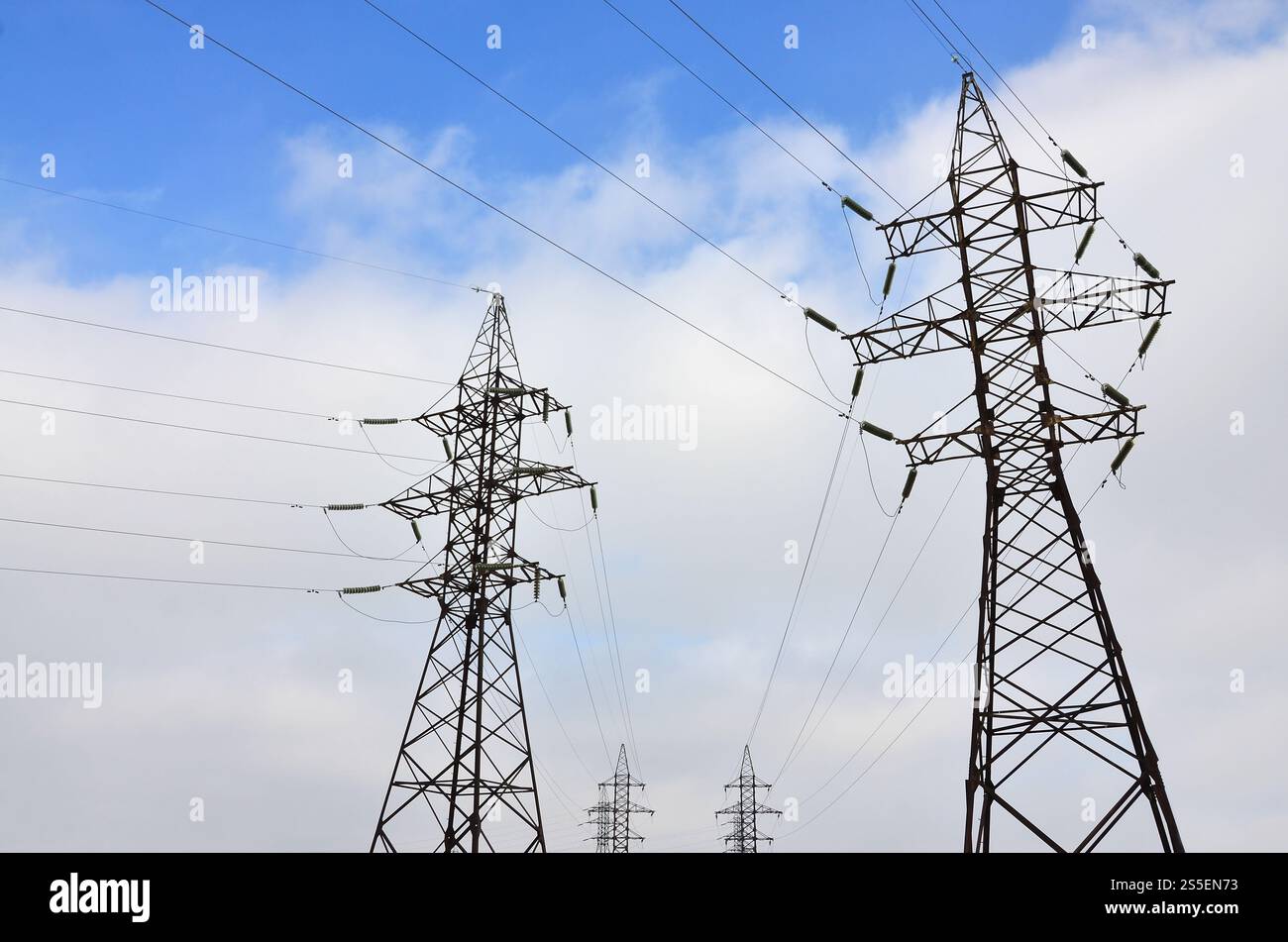 High Voltage Electric Tower. Power lines concept. Outdoor day scene ...