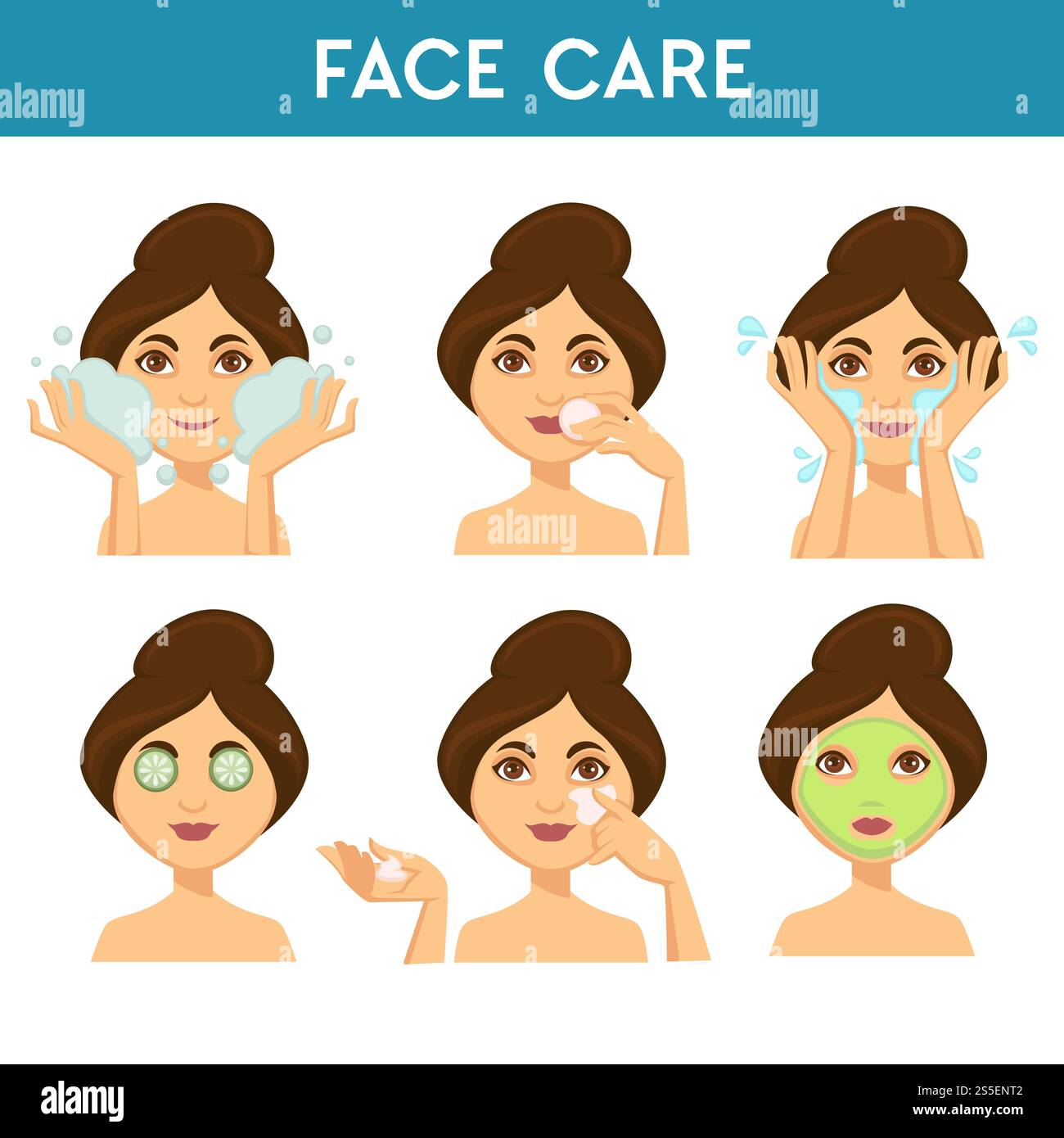 Face care, woman applying different masks and products on face vector ...