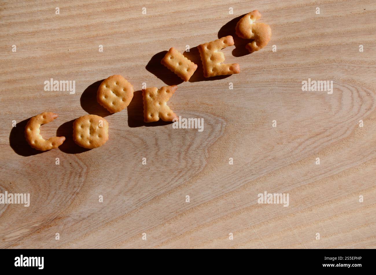 Cookies. Text from the salty crackers as printed English letters that ...