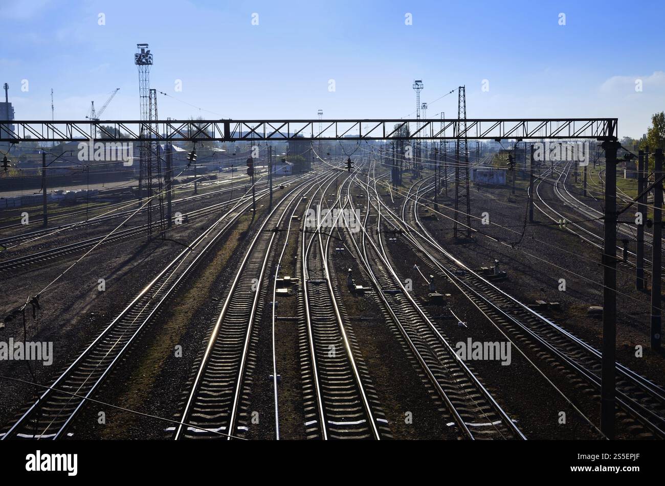 Railway landscape. Empty railway tracks in depot under the open air ...