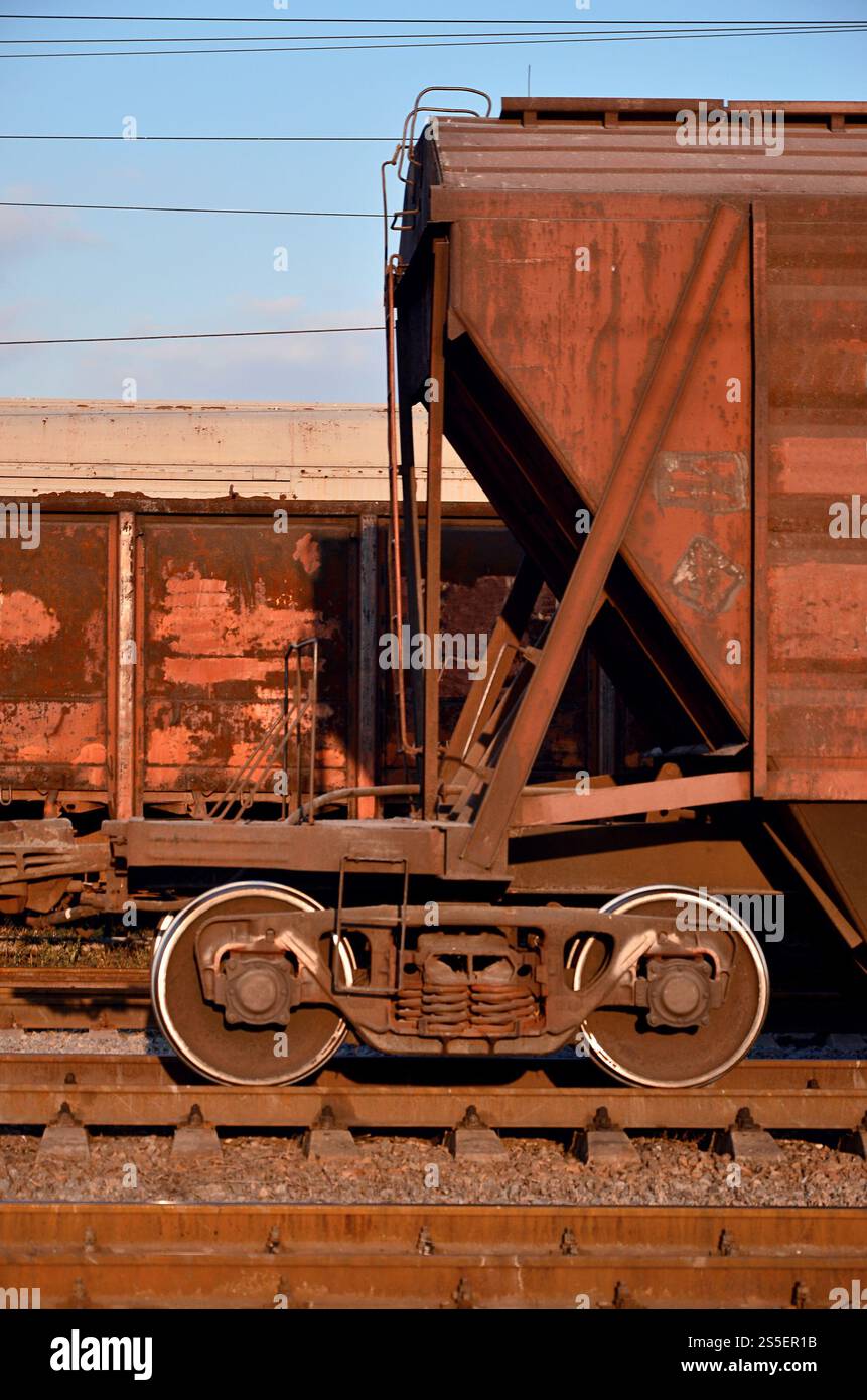 Detailed photo of railway freight car. A fragment of the component ...
