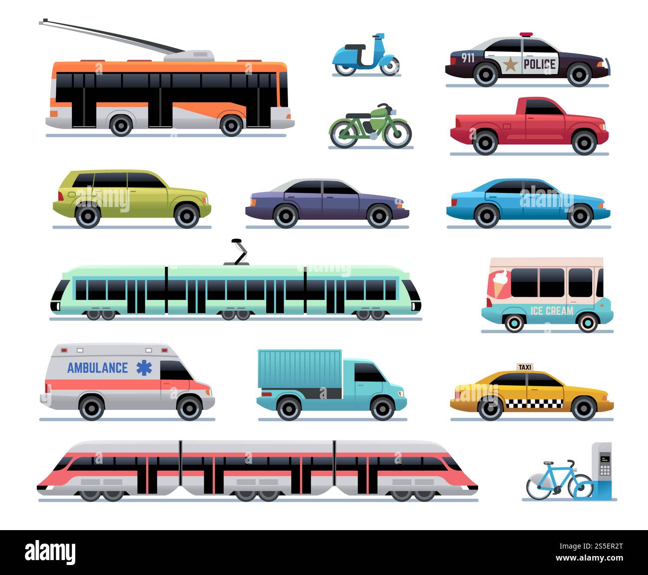 City transport. Cartoon car, bus and truck, tram. Train, trolleybus and ...