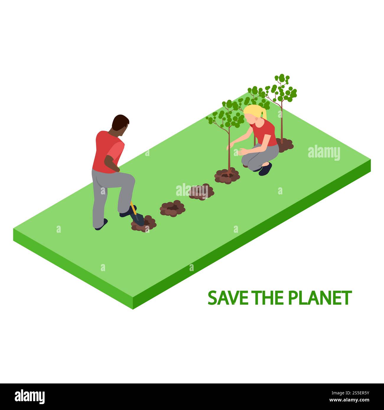 Volunteers plant trees 3d isometric vector illustration isolated on ...