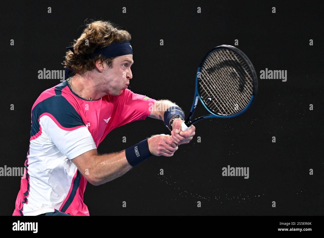 Andrey Rublev of Russia plays a shot during his round 1 match against Joao Fonseca of Brazil ...